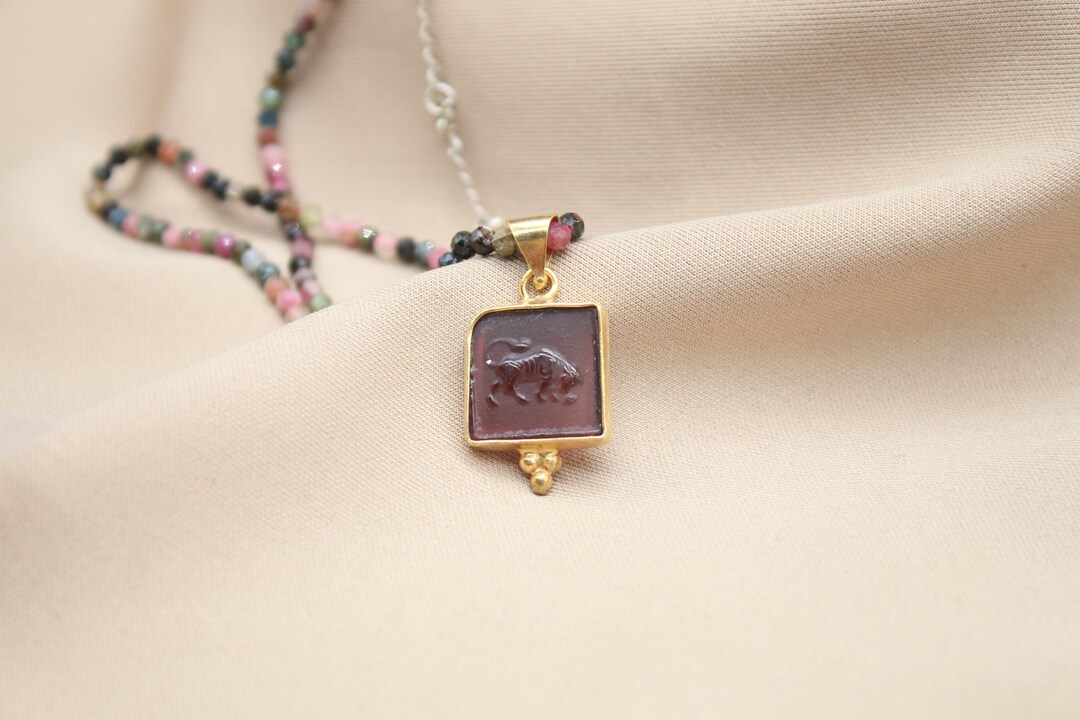Handmade Natural Tourmaline Beads and Intaglio Glass Bull Silver ...