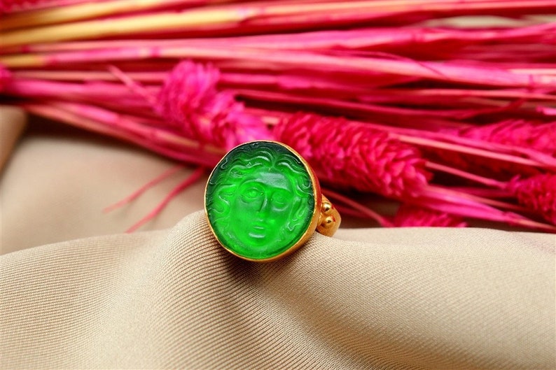 Medusa Intaglio Glass Silver Ring | Intaglio Art Glass Ring Gold Over ...