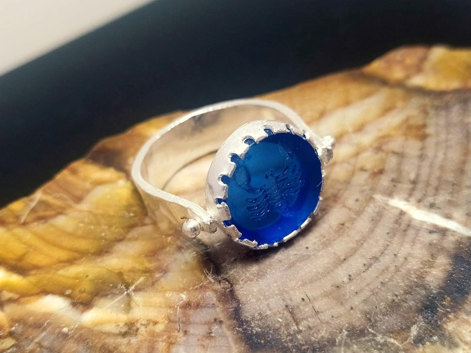 Intaglio Glass Silver Ring Engraving Art Glass Ring Gold | Etsy