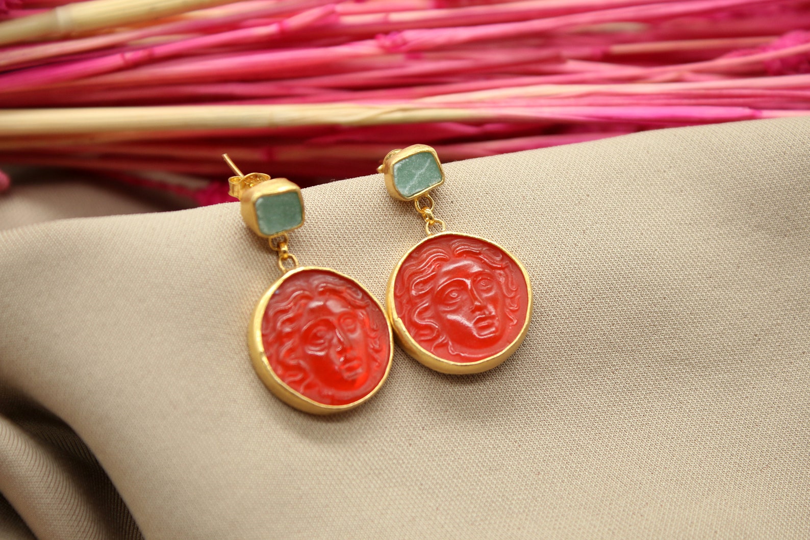 Emerald Apollo Silver Earrings With Pearl Intaglio Glass Apollo Greek ...