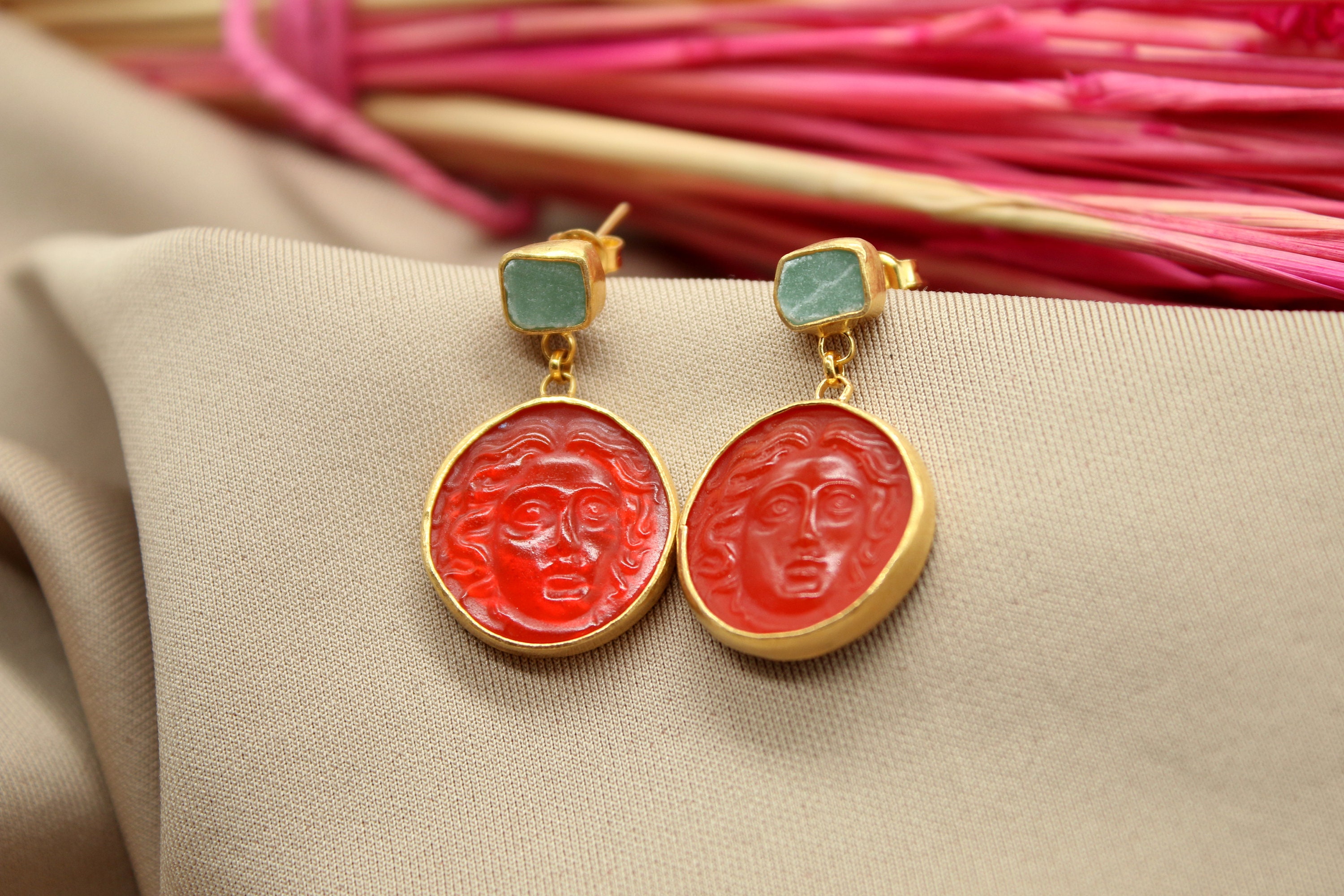 Emerald Apollo Silver Earrings With Pearl Intaglio Glass Apollo Greek ...