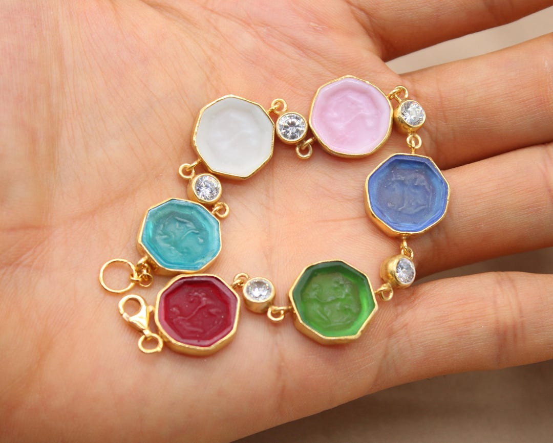 Glass Intaglio Bracelet 925 Sterling Silver, Handmade Colorful Cameo ...