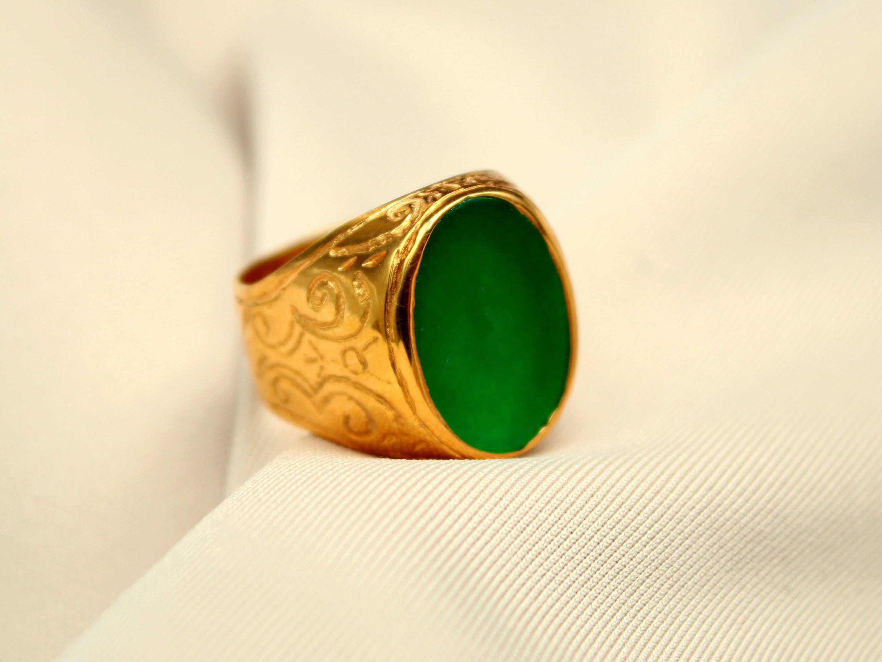 14K Solid Gold Jade Men Ring Handmade 14K Solid Gold Men Ring Carving Gold Jewelry