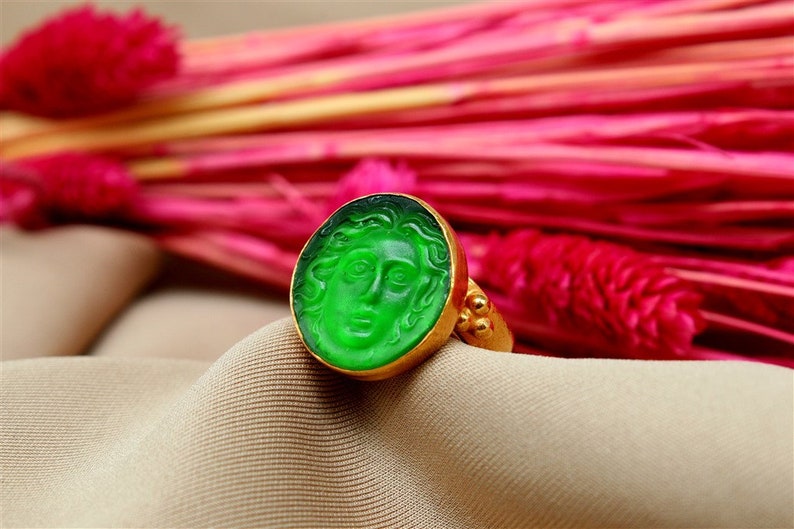 Medusa Intaglio Glass Silver Ring | Intaglio Art Glass Ring Gold Over ...