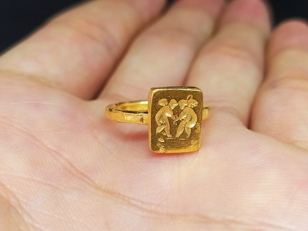 Two Angel Signet Ring Roman Coin Sterling Silver Ring 24k Gold Over ...