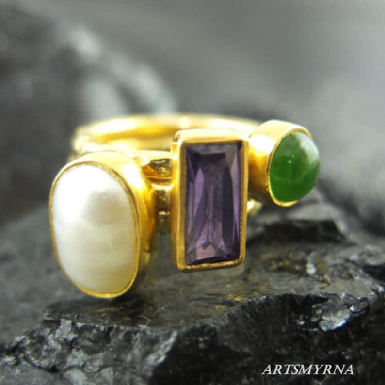 Pearl Jade Amethyst Silver Ring | White Purple Green Stone Ring ...