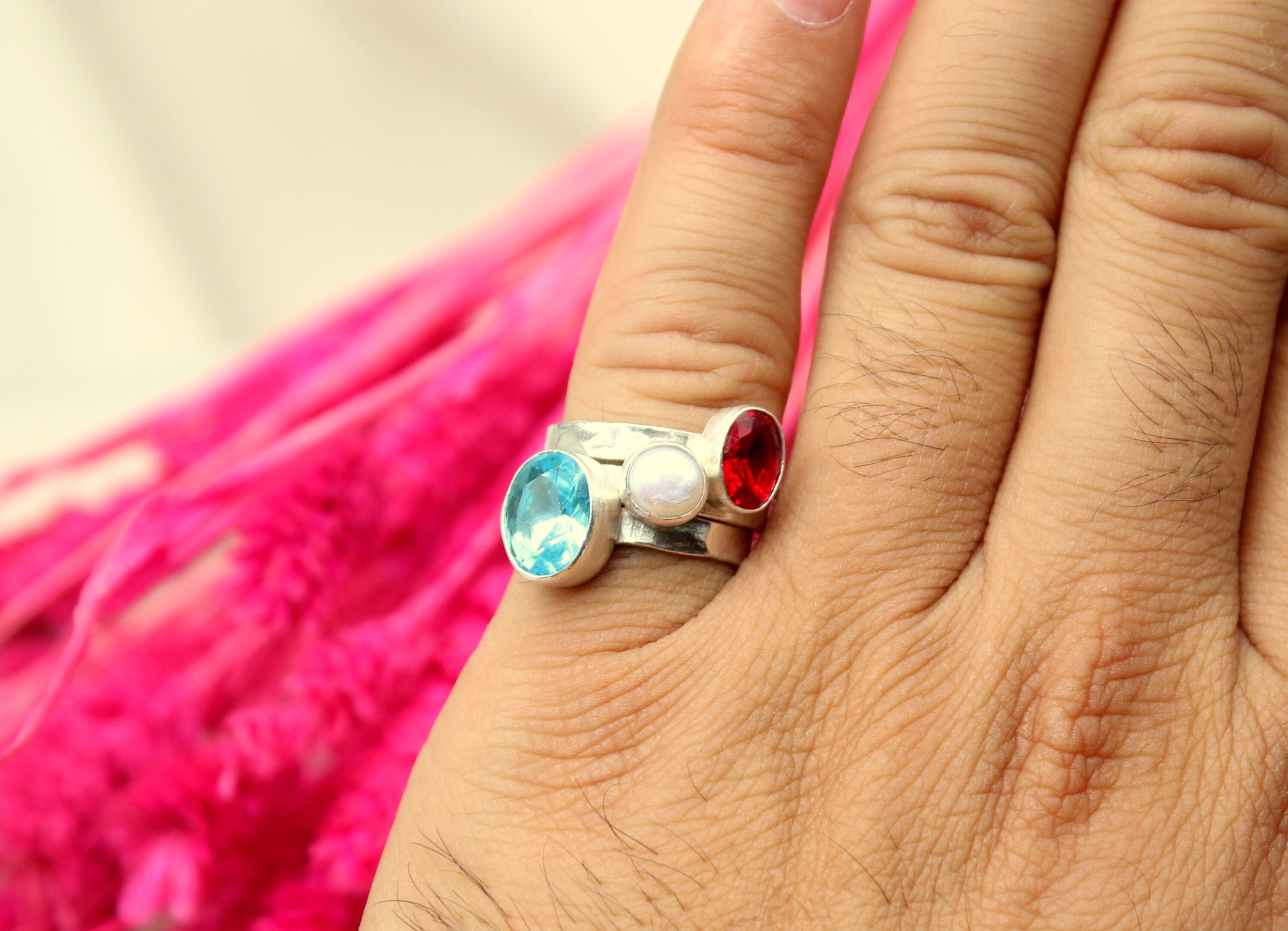 Pearl Ruby Blue Topaz Ring | Bezel Set Ring | Hammered Sterling Silver ...