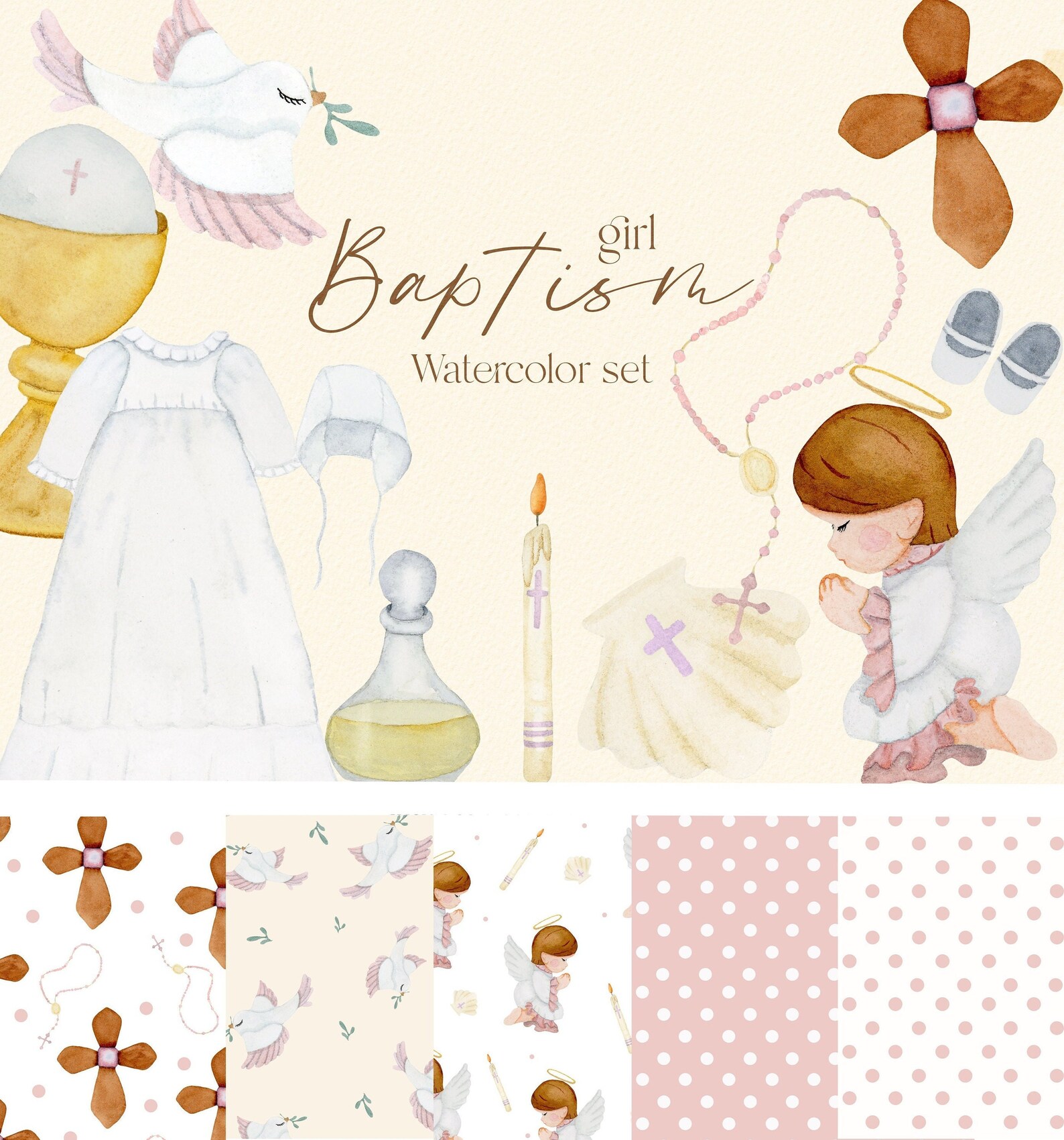 DIGITAL Baptism Watercolor Set, Clipart, PNG Elements, Girl Set, Pink ...