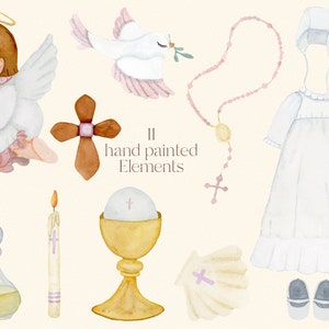 DIGITAL Baptism Watercolor Set, Clipart, PNG Elements, Girl Set, Pink ...