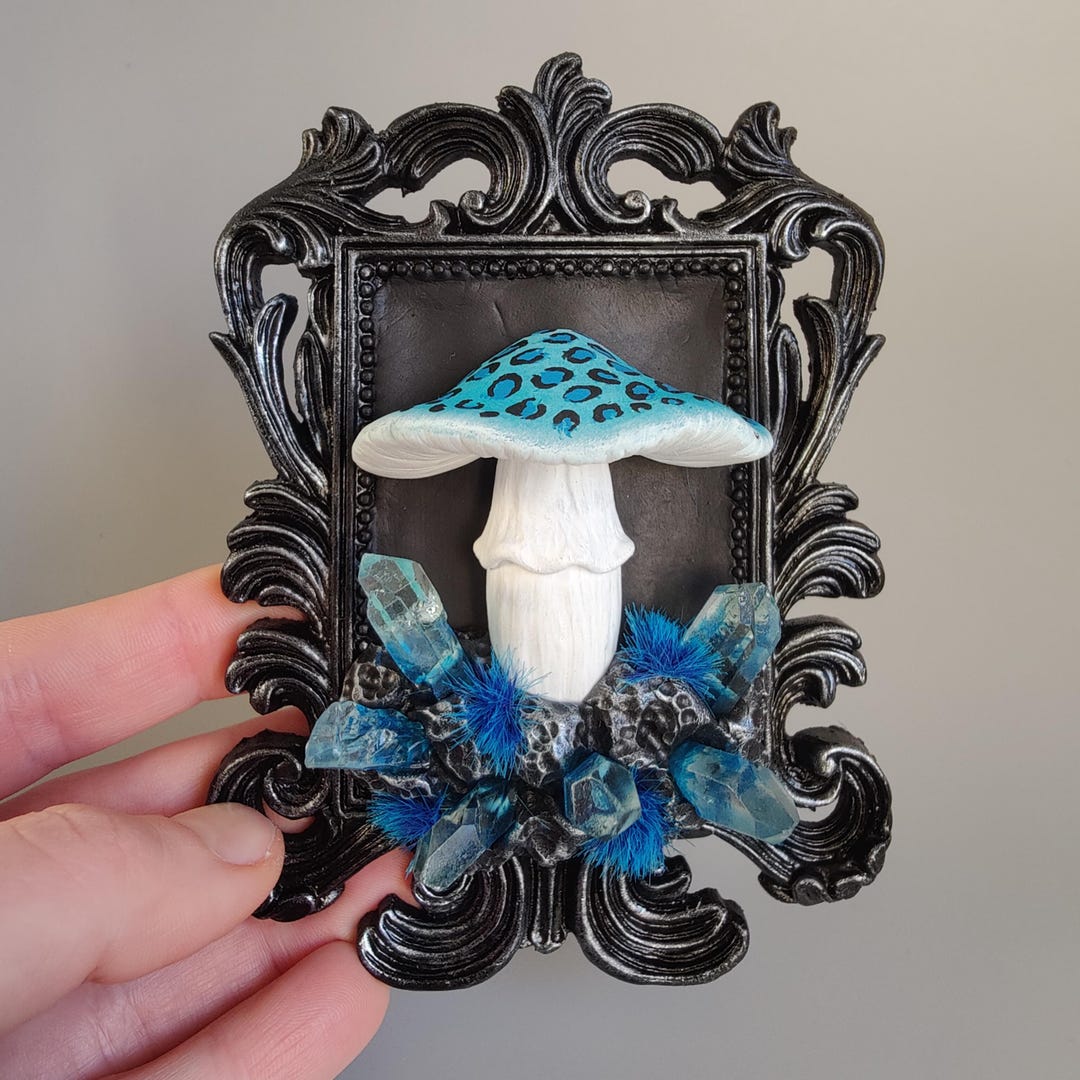 Rare Blue Leopard Crystal Mushroom Wall Art, Fungi Sculpture, Framed ...