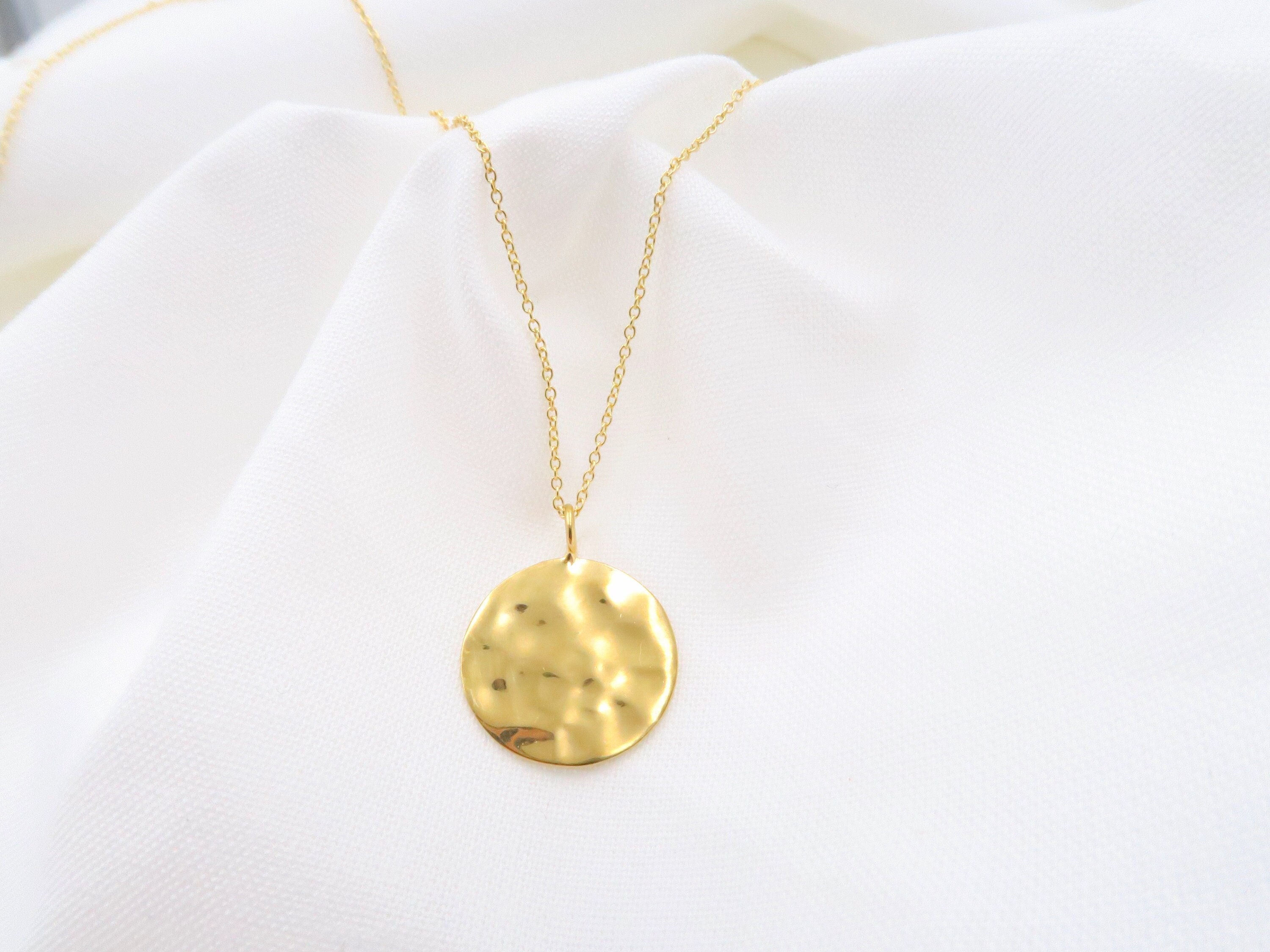 18k Solid Gold Hammered Necklace 15 Mm Organic Shaped Disc, Hammered ...