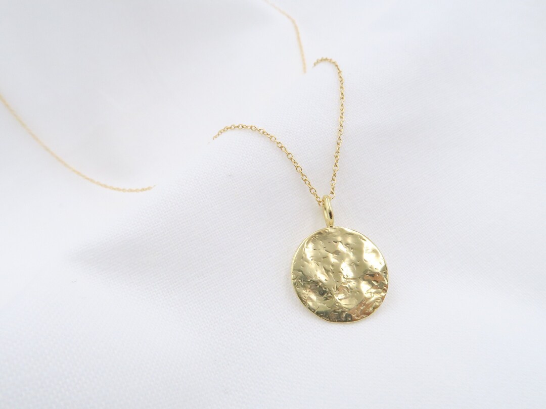 18k Solid Gold Hammered Necklace 15mm Organic Shaped Disc - Etsy