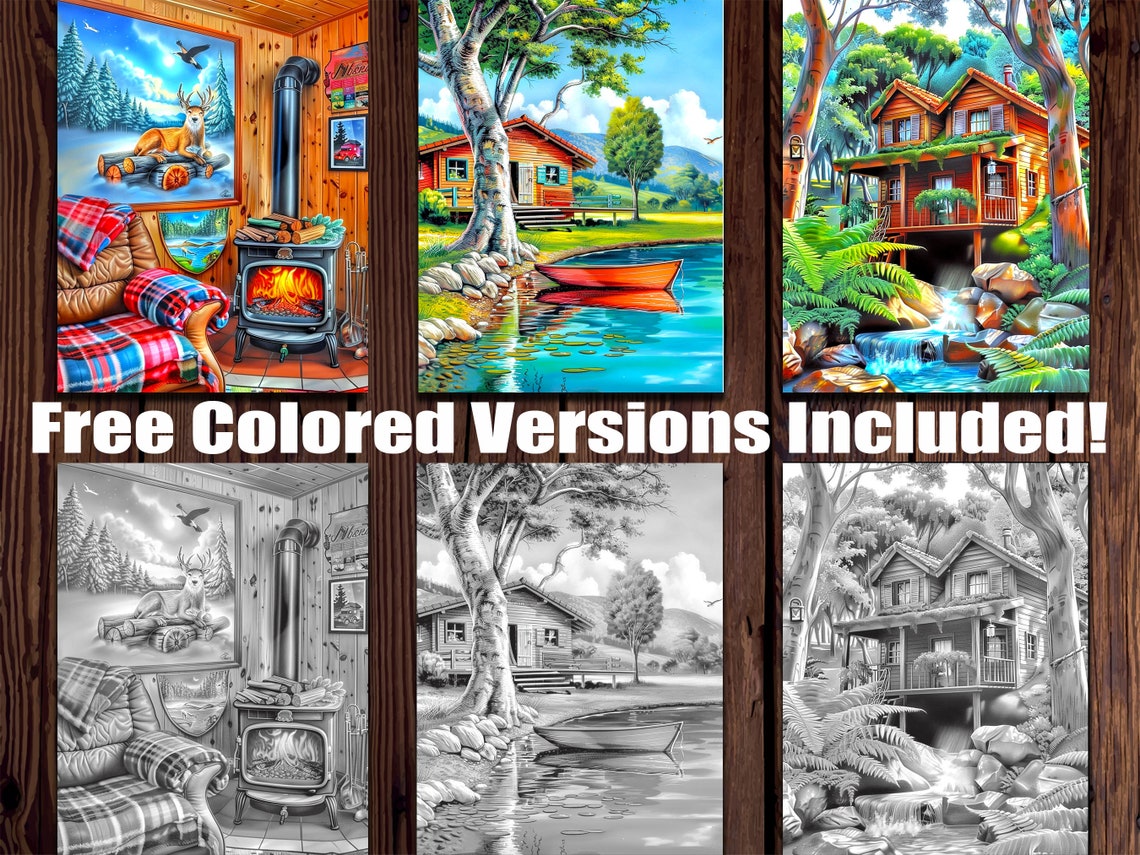 Cozy Cabin in the Woods Coloring Pages: Grayscale Rustic Forest Scenes ...