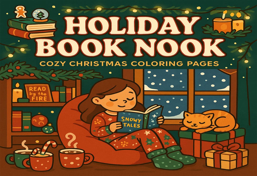 Holiday Book Nook Coloring Pages: Christmas Reading Scenes (PDF ...