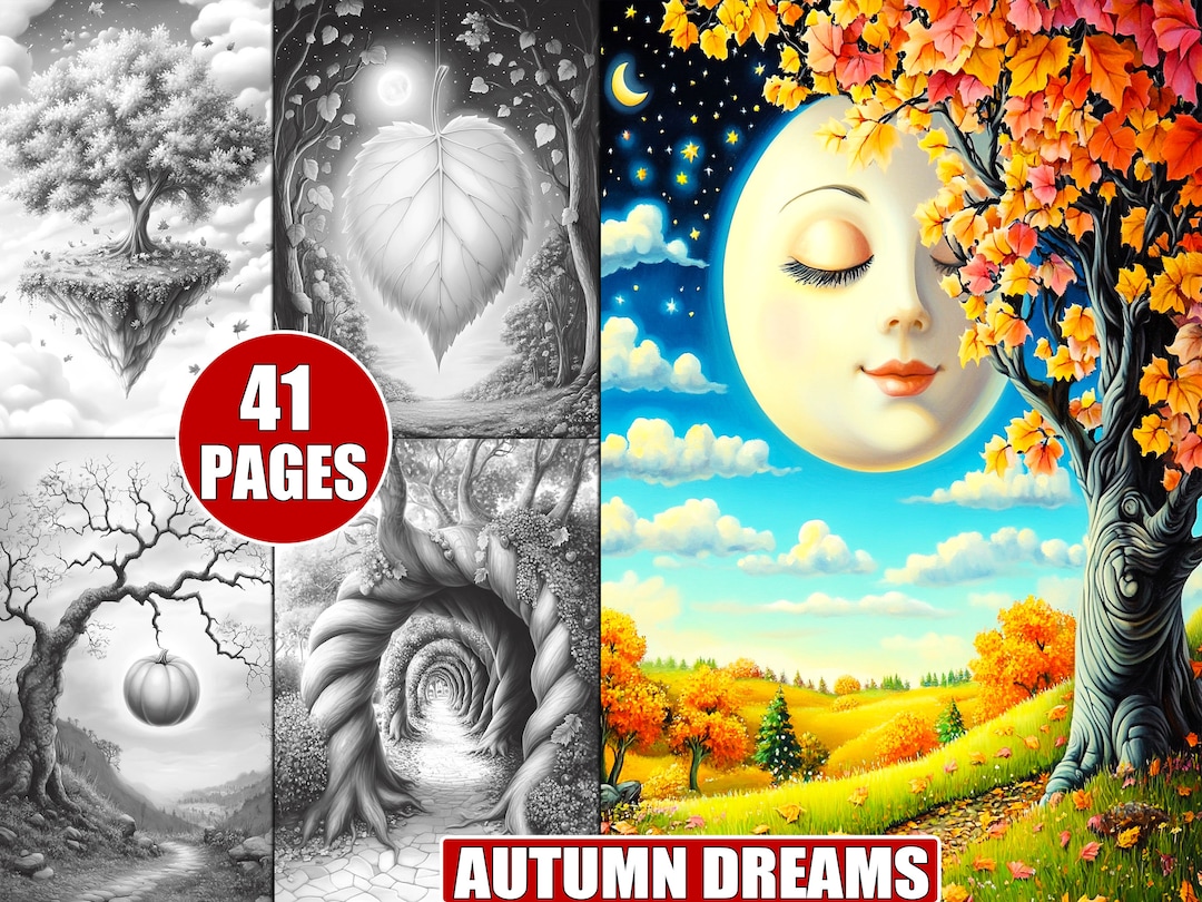Autumn Dreams Coloring Pages: Grayscale Fall Scenes for Adults ...