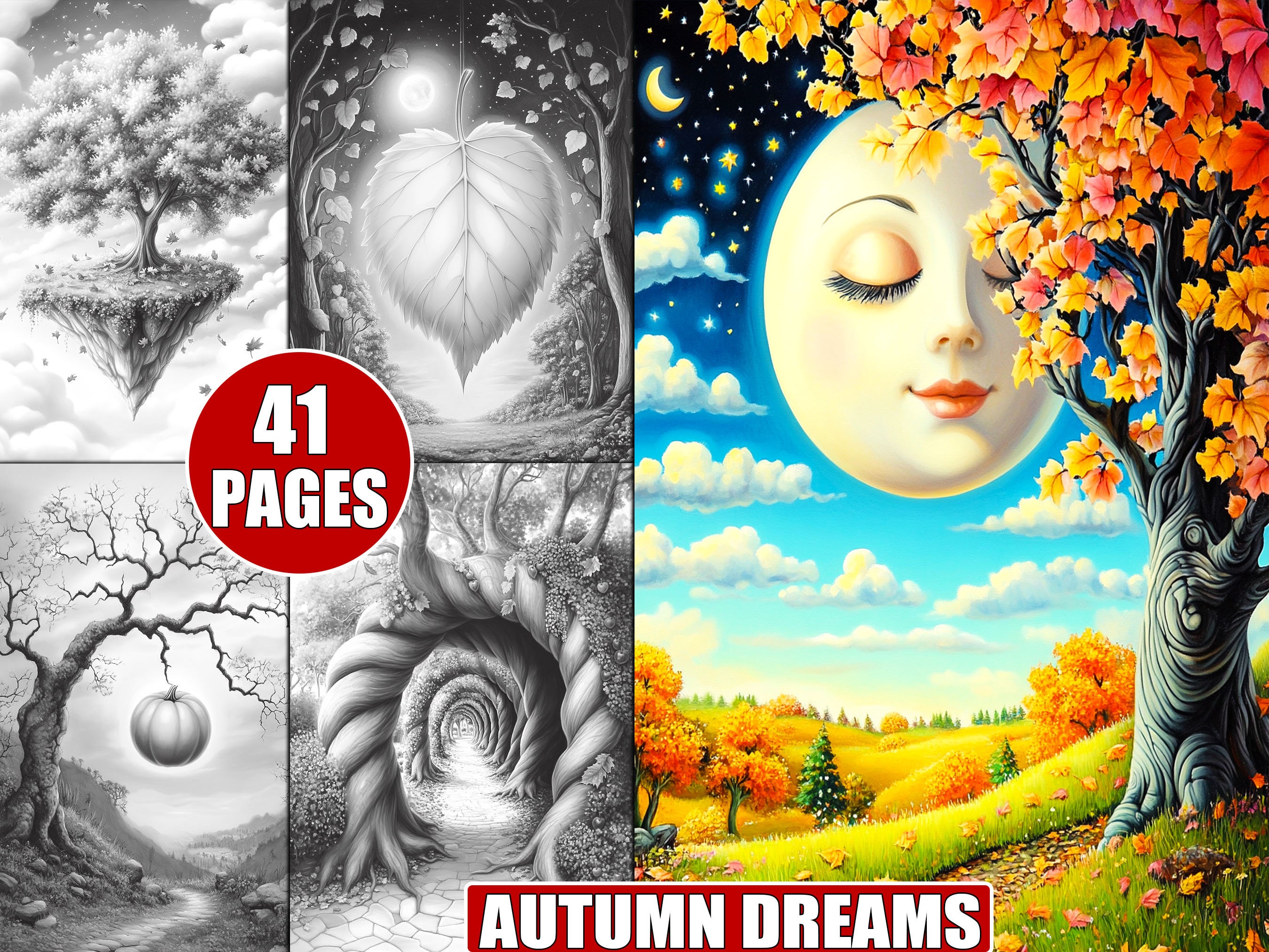 Autumn Dreams Coloring Pages: Grayscale Fall Scenes for Adults ...