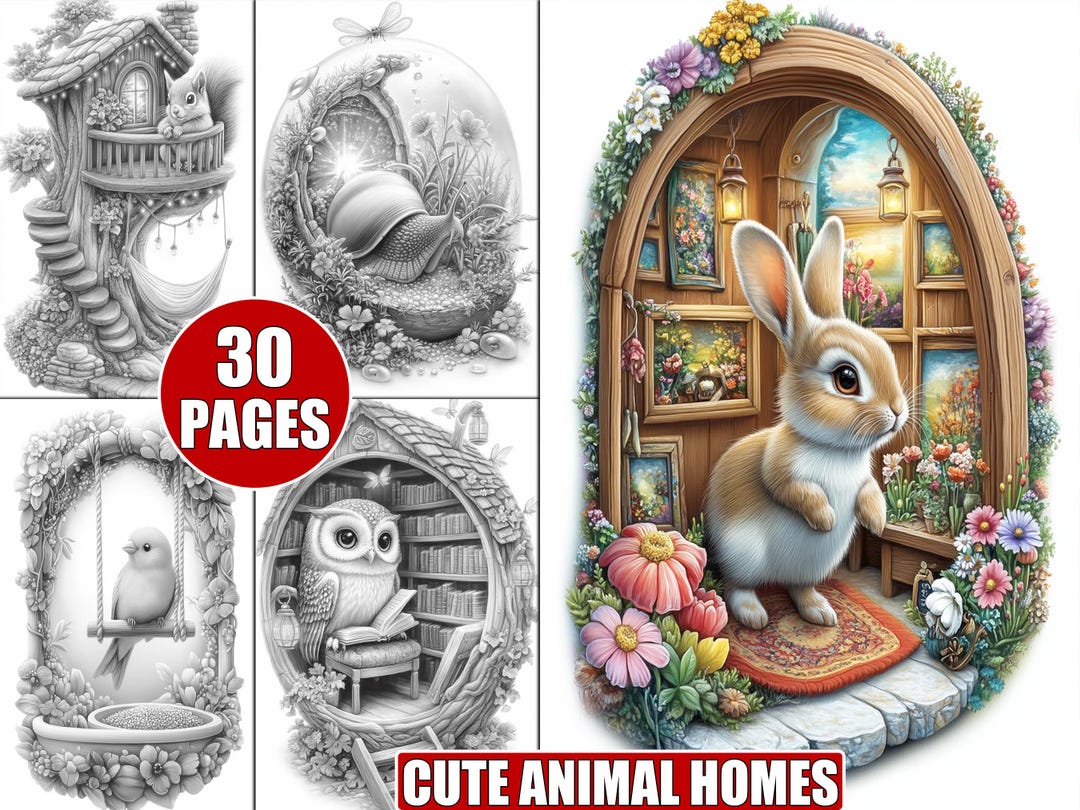 30 Printable Cute Animal Homes Coloring Pages in Grayscale for Adults ...