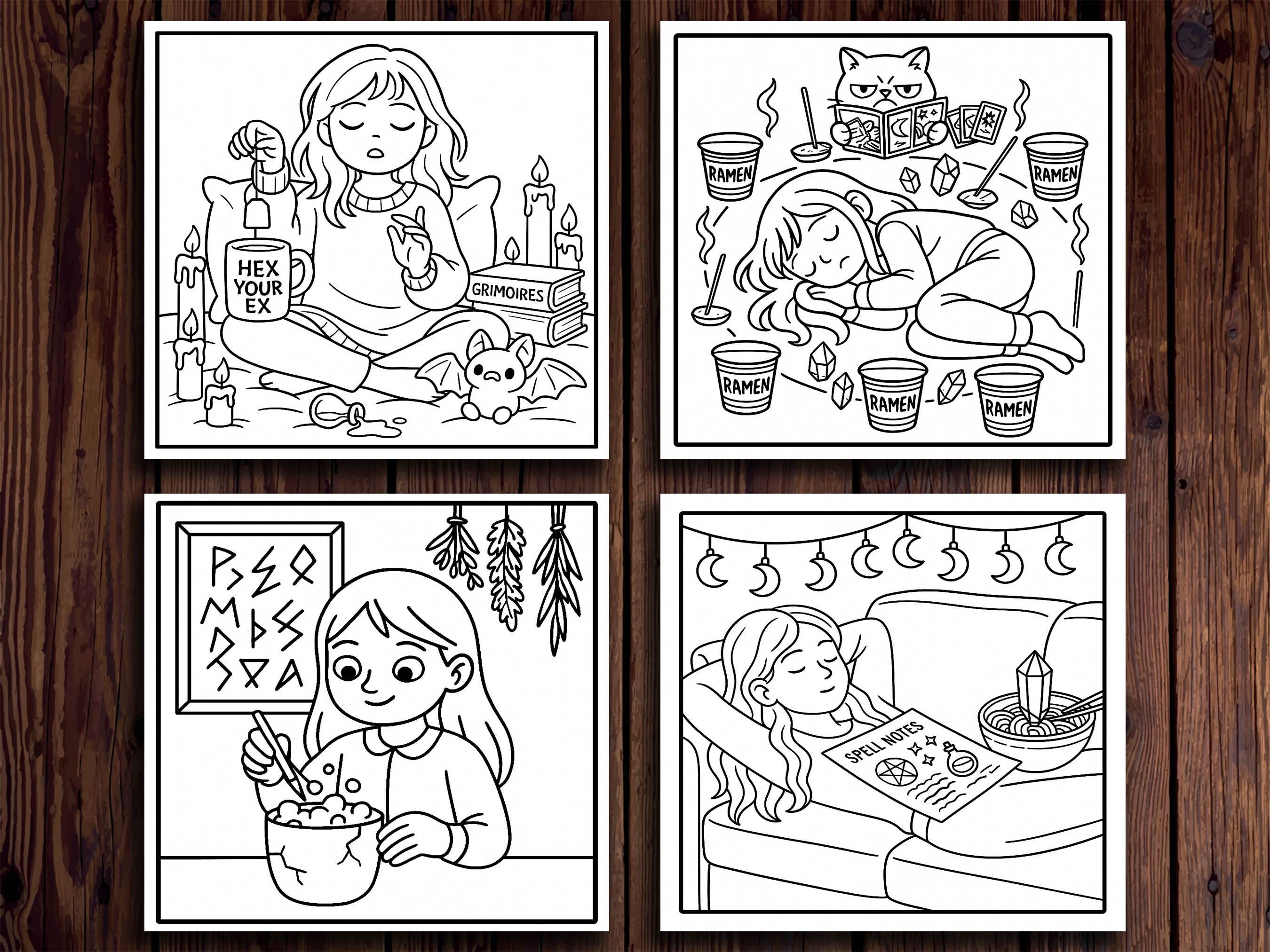 Witchy Coloring Pages: Cozy Modern Witch, Crystals & Tea (digital ...