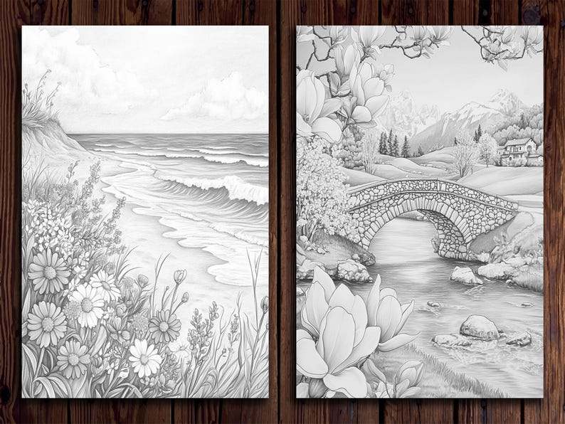 Spring Landscapes Coloring Pages: Grayscale Nature Scenes (digital ...