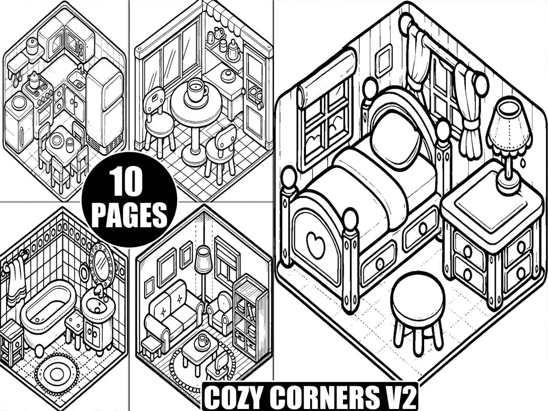 Cozy Corners Coloring Pages V2 | 10 Relaxing and Bold Designs for ...