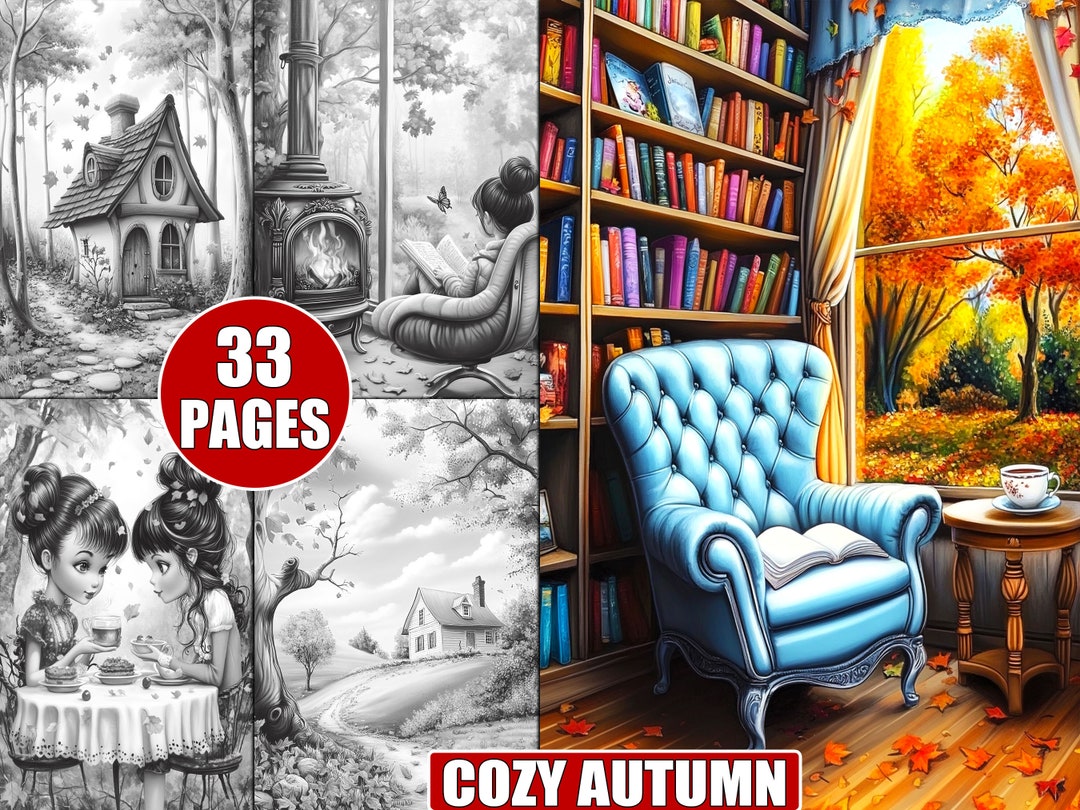 33 Printable Cozy Autumn Coloring Pages in Grayscale for Adults, Fall ...