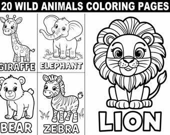 20 Wild Animal Coloring Pages for Kids-digital Printable Jungle Safari ...