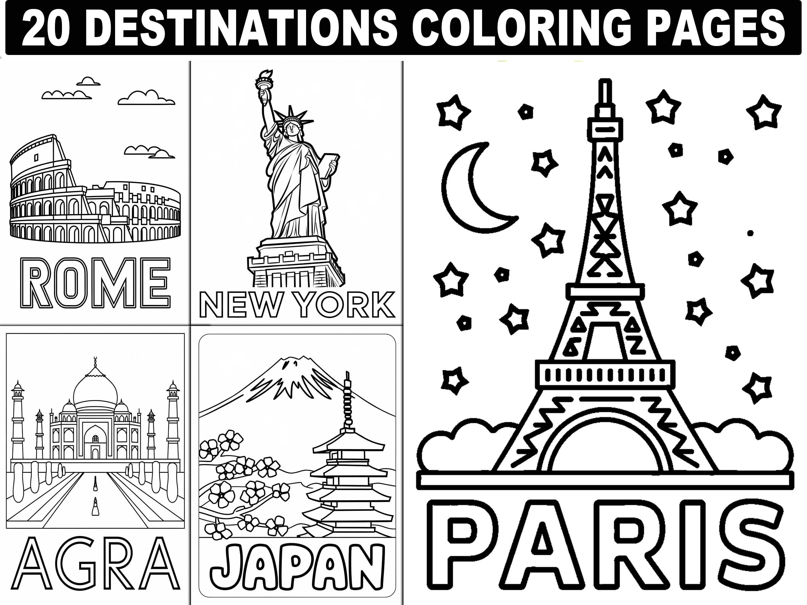 World Landmarks Coloring Pages: 20 Travel Destination Designs (digital ...