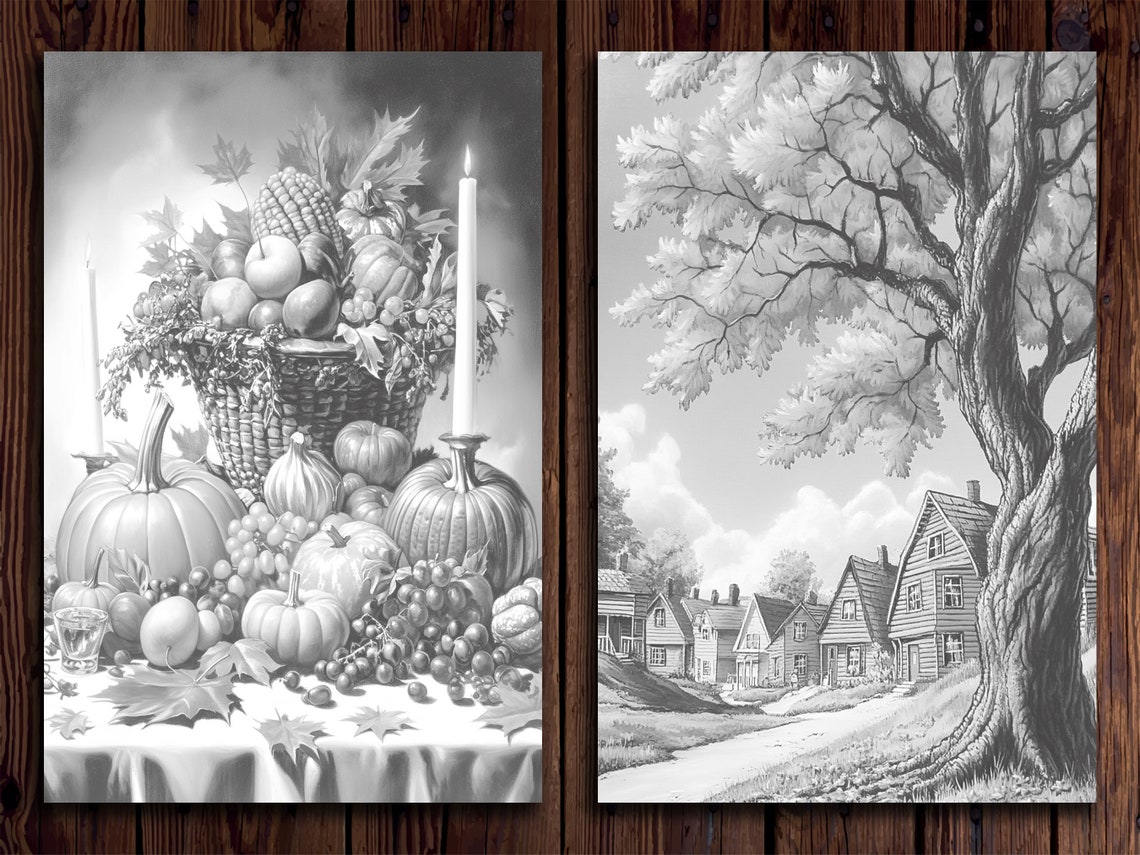 Autumn Coloring Pages for Adults: Grayscale Fall Scenes (printable PDF ...