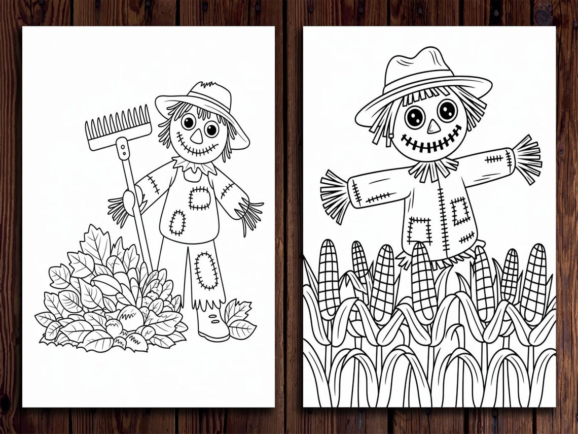 Scarecrow Coloring Pages: Fall Harvest Fun for Kids (digital Download ...