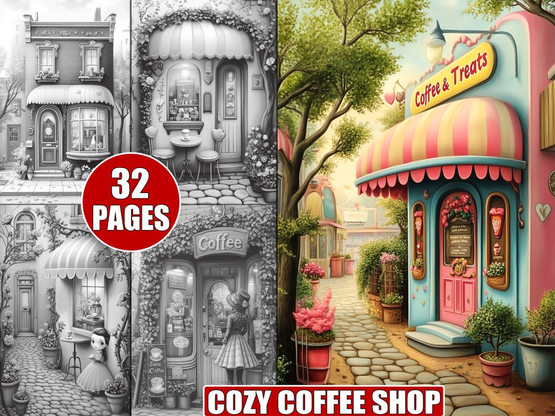 32 Printable Cozy Coffee Shop Coloring Pages in Grayscale for Adults ...