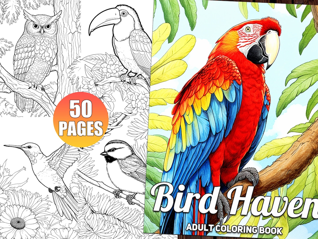 50 Birds Coloring Pages for Adults, Animal Coloring Book for Relaxation ...