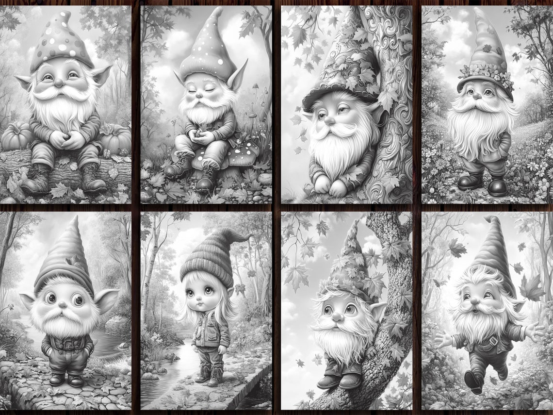 Autumn Gnomes Coloring Pages: 40 Grayscale Illustrations (printable ...