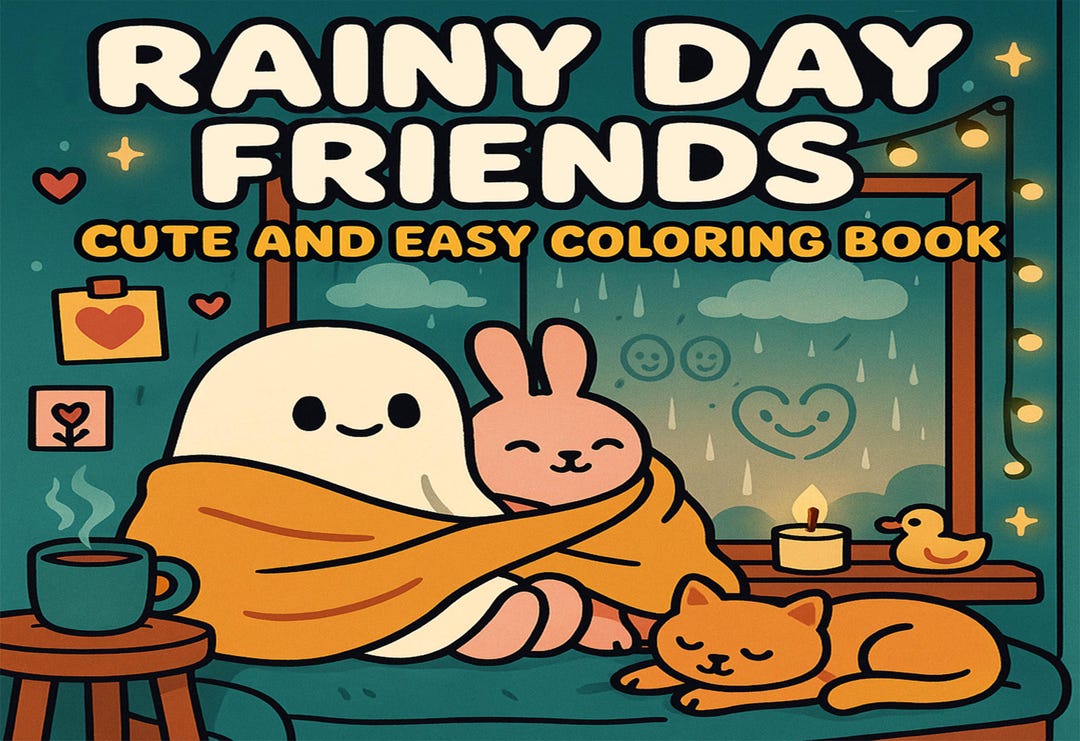 Rainy Day Friends Coloring Pages: Kawaii Animals & Ghosts (PDF Download ...
