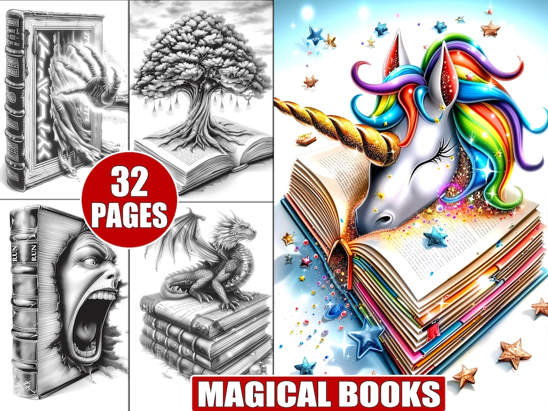 32 Printable Magical Books Coloring Pages in Grayscale for Adults ...