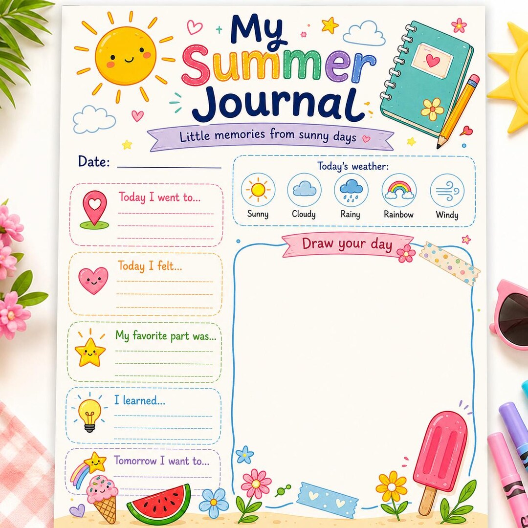 Summer Journal Printable for Kids, Daily Summer Writing Worksheet ...