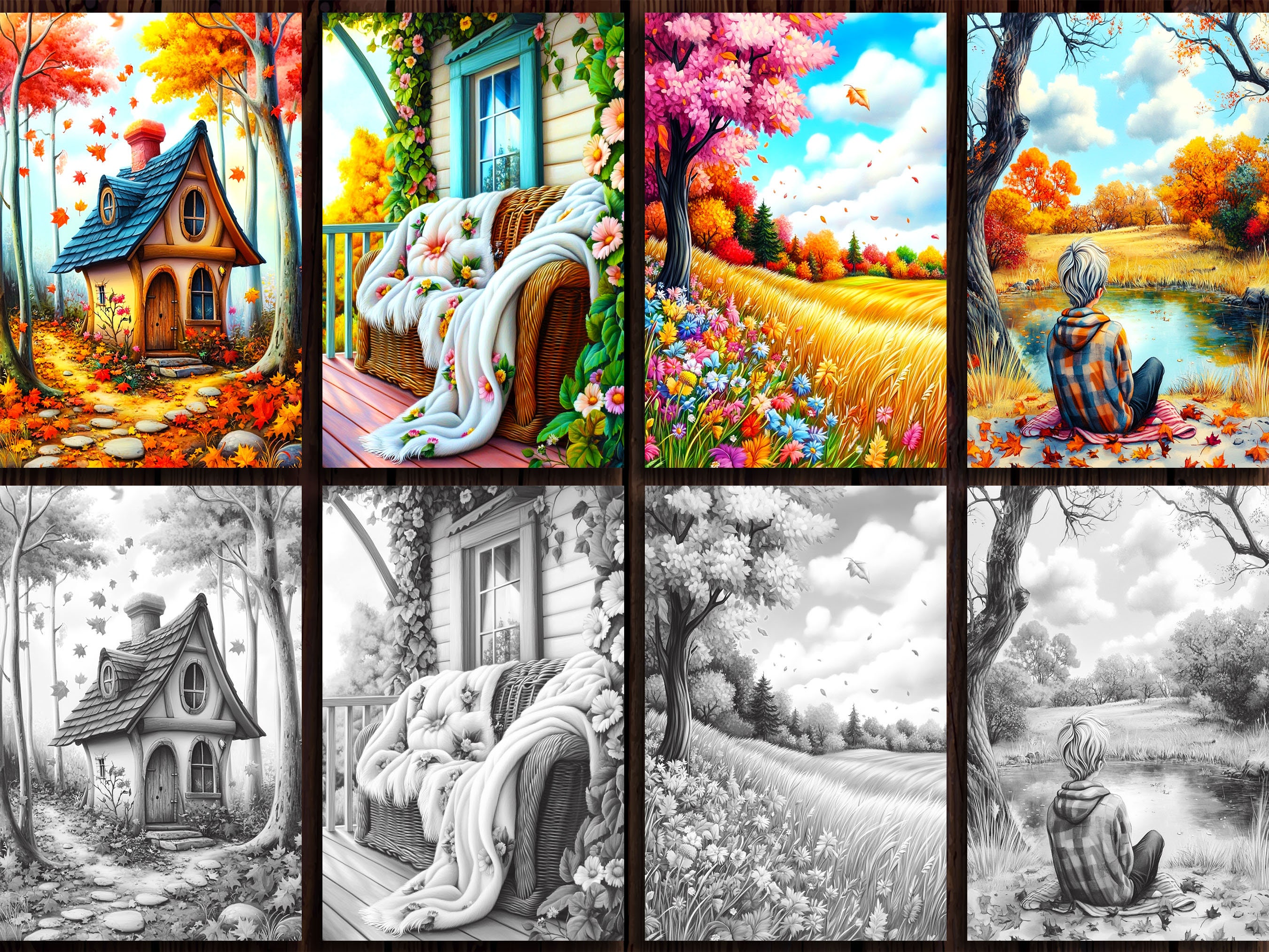 Cozy Autumn Coloring Pages: Grayscale Fall Scenes (printable PDF) - Etsy