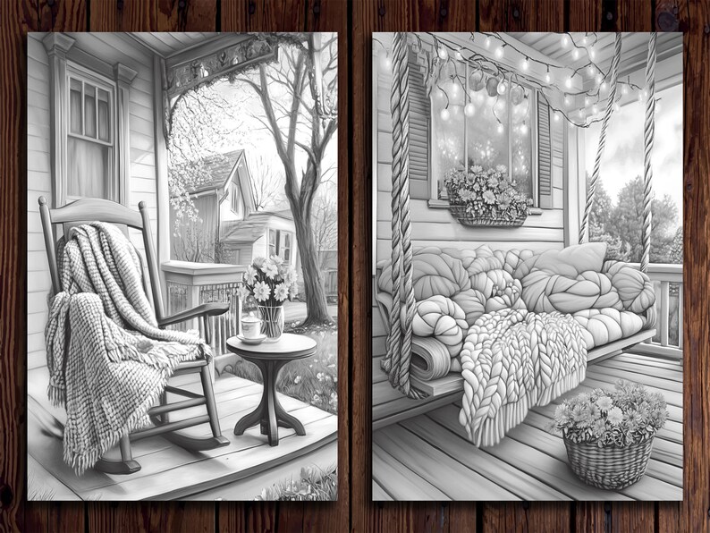 Cozy Front Porch Coloring Pages: Relaxing Grayscale Scenes (printable ...