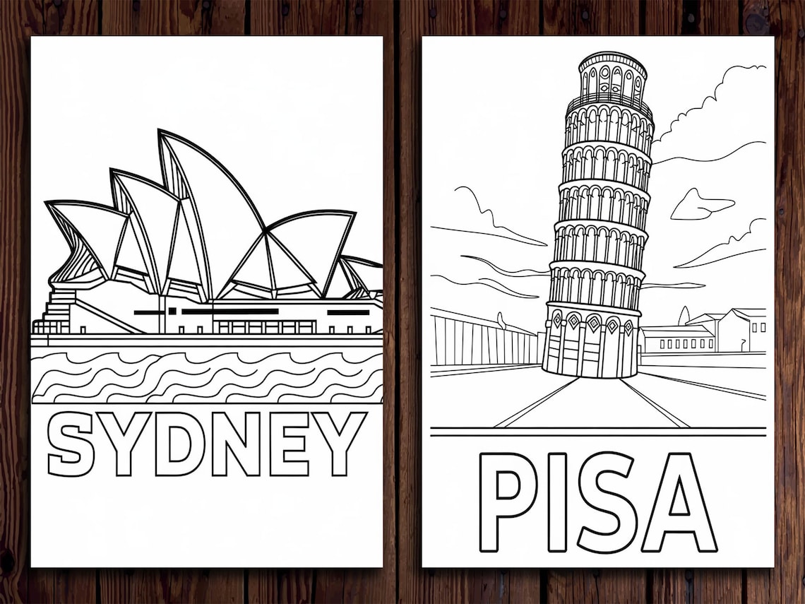 World Landmarks Coloring Pages: 20 Travel Destination Designs (digital ...