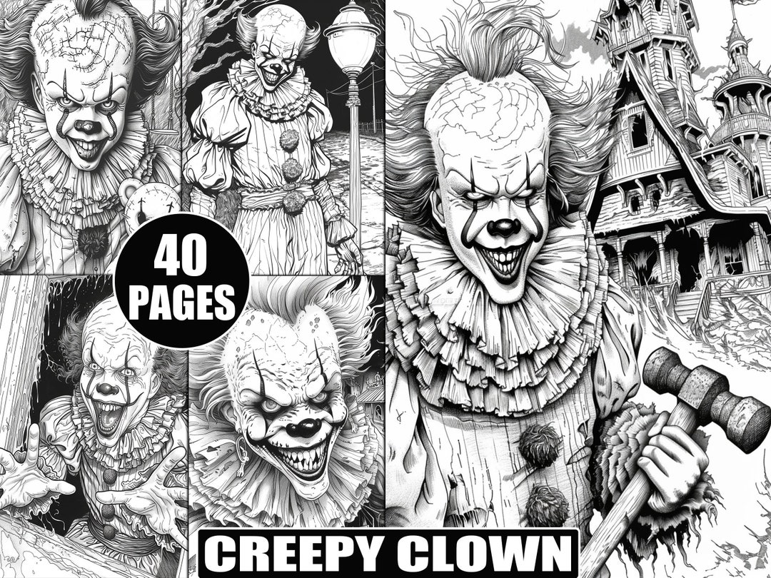 40 Creepy Clown Coloring Pages for Adults | Printable Grayscale Horror ...