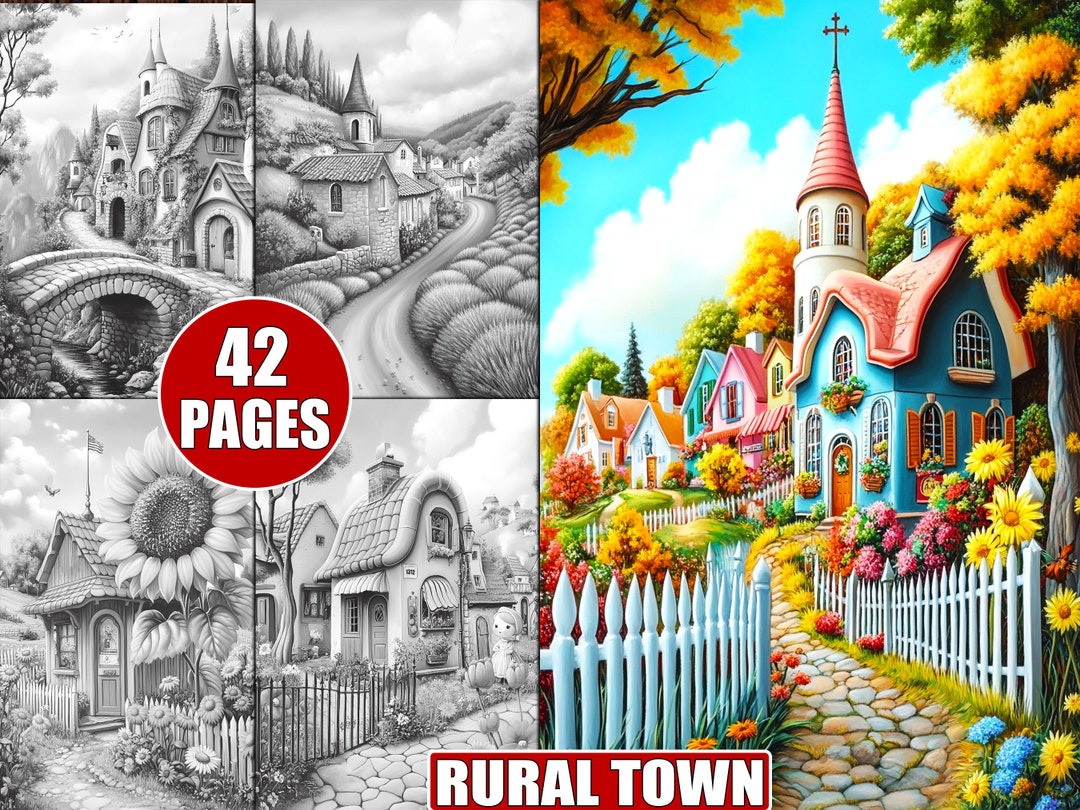 42 Printable Rural Town Coloring Pages in Grayscale for Adults, Quaint ...