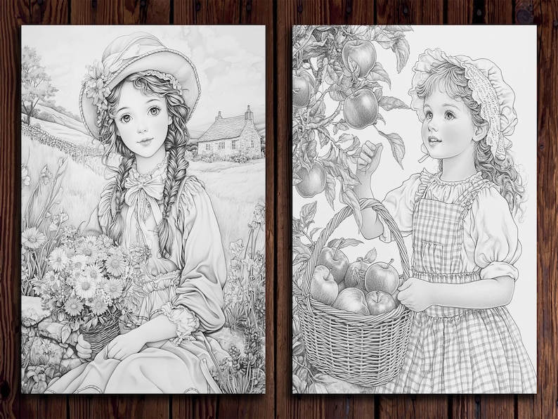 English Country Girls Coloring Pages: Vintage Fashion, Pastoral Art ...