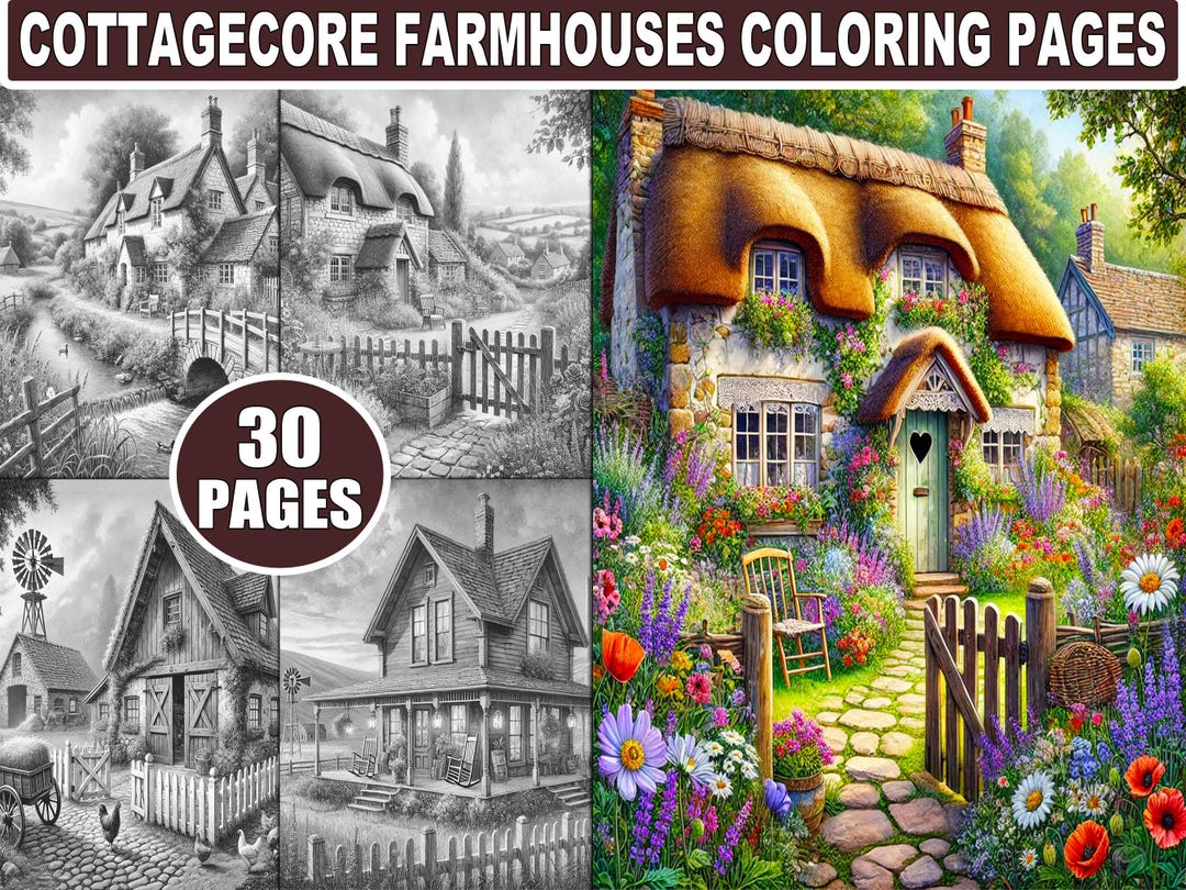 Cottagecore Farmhouses Coloring Pages: Rustic Cottages & Countryside ...