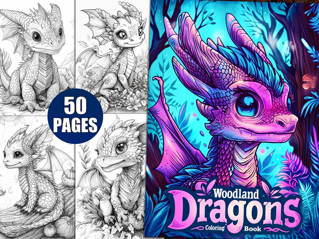 50 Woodland Baby Dragons Fantasy Coloring Pages, Flowers and Dragons ...