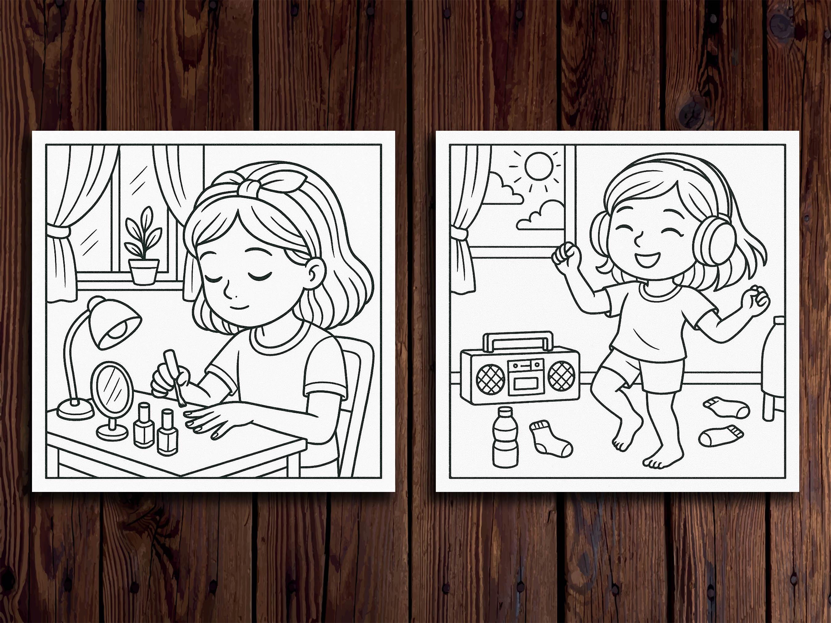 Cozy Girl Moments Coloring Pages: Kawaii Self-care Designs (digital ...