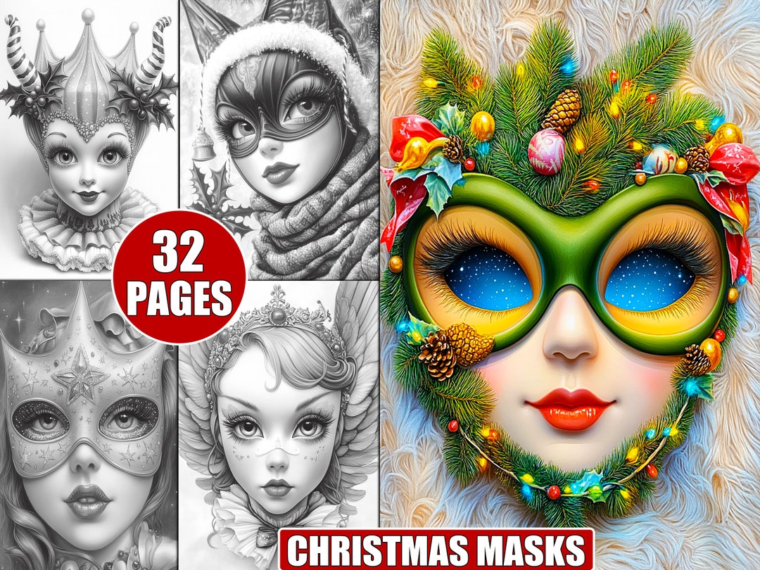 32 Printable Christmas Masks Coloring Pages in Grayscale for Adults ...