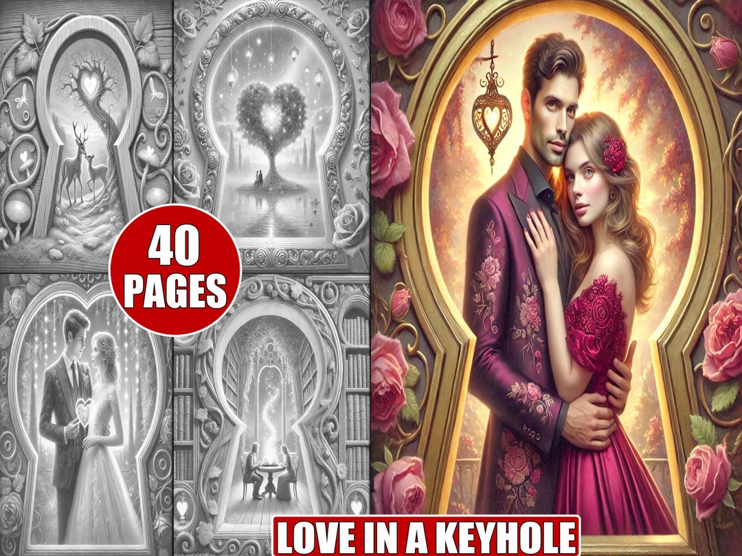 Love in A Keyhole 40 Grayscale Coloring Pages of Romantic Keyhole ...