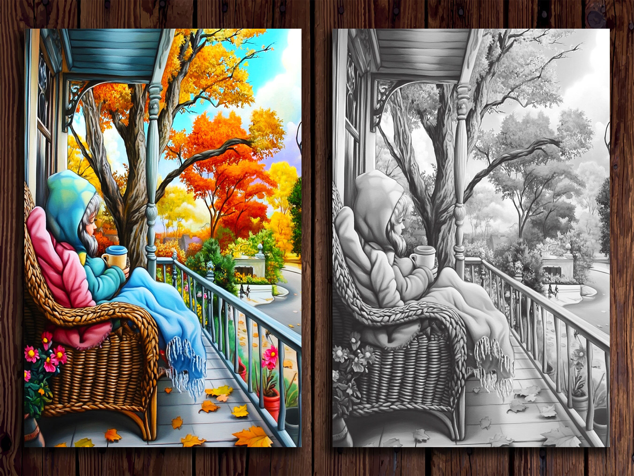 Cozy Autumn Coloring Pages: Grayscale Fall Scenes (printable PDF) - Etsy