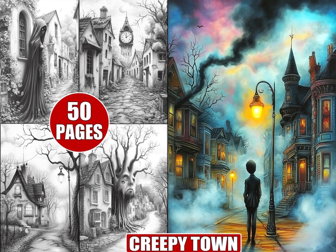 Creepy Town Coloring Pages: 50 Grayscale Horror Art Scenes (printable ...