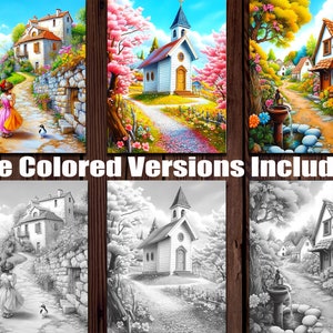 42 Printable Rural Town Coloring Pages in Grayscale for Adults, Quaint ...