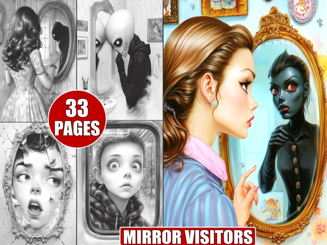 Ghostly Mirror Visitors Coloring Pages: Grayscale Horror Art (printable ...